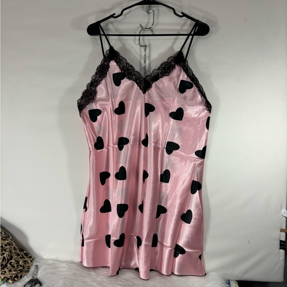 Intimates & Sleepwear | Pink Satin Chemise Nighty With Black Hearts And ...